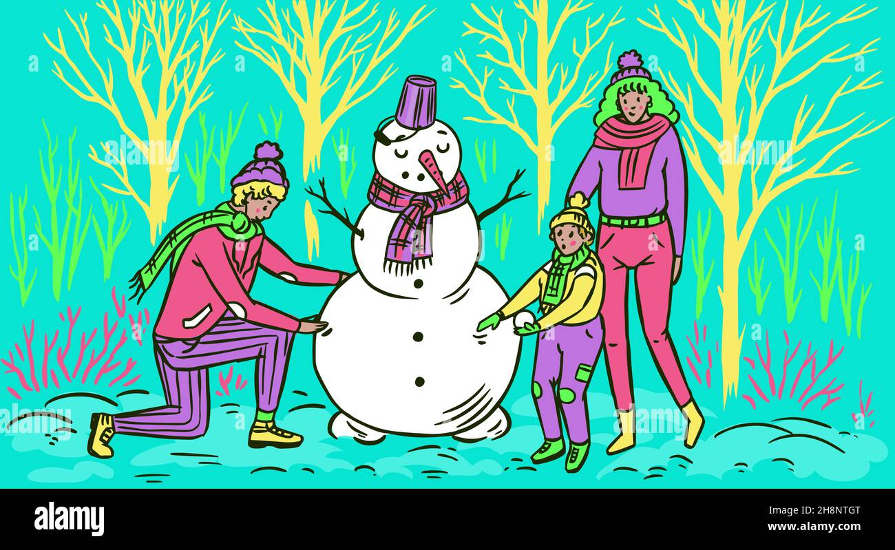 The family makes a snowman for Christmas. Mom Dad baby in the winter ...