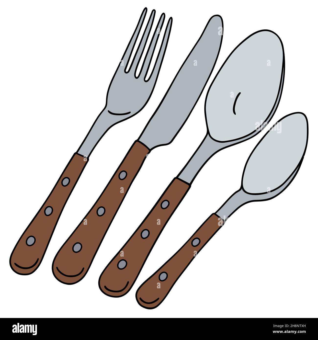 Hand drawing of cutlery with wooden handles Stock Photo - Alamy