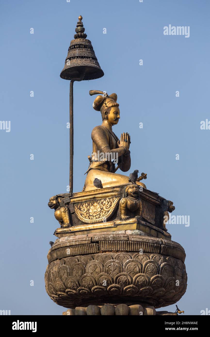 Statue of King Bhupatindra Malla atop a column in Durbar Square in the ...
