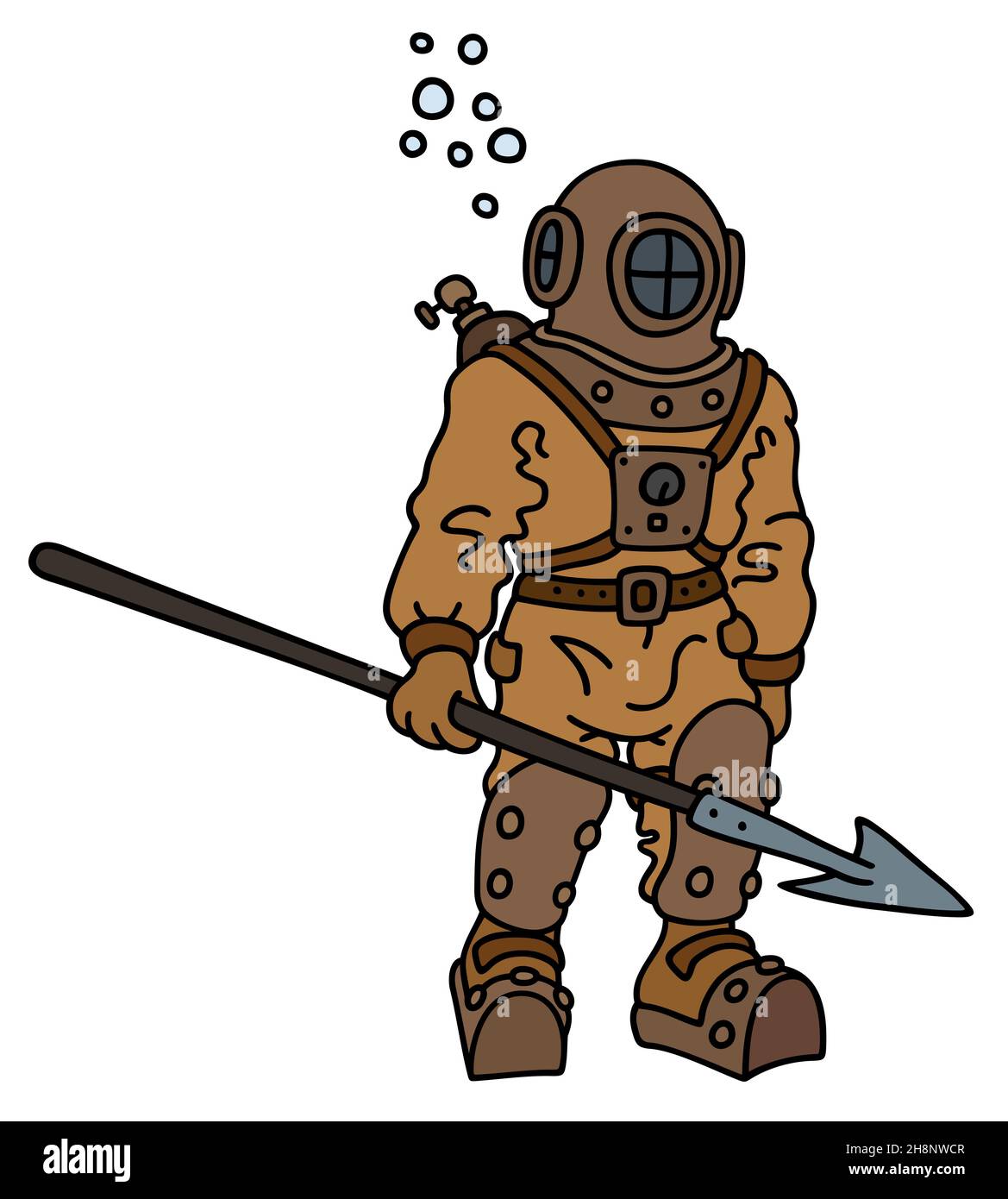 Hand drawing of a vintage underwater deep diver with a harpoon Stock ...