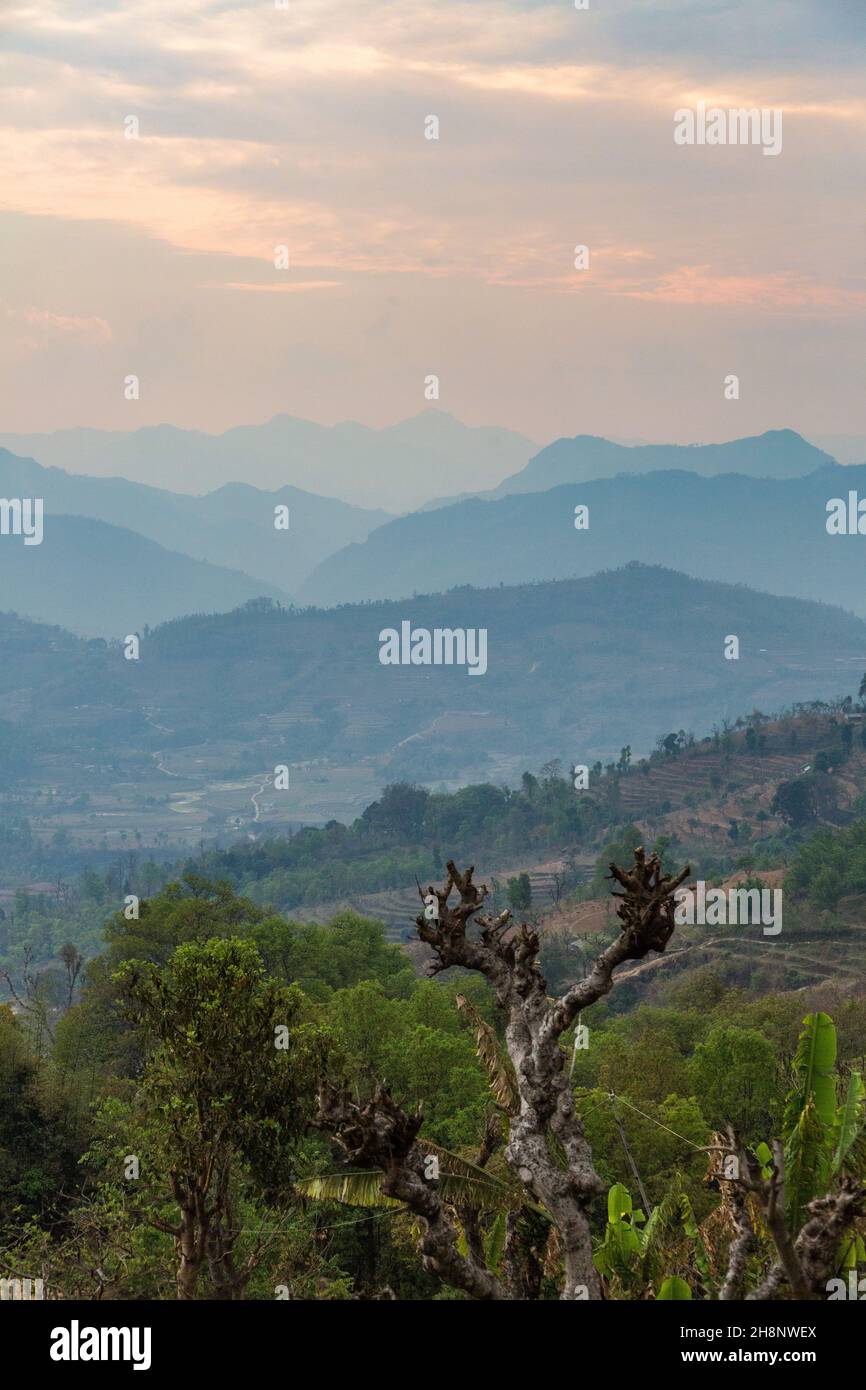 A view of the foothills of the Himalayas at sunset from the Newari ...