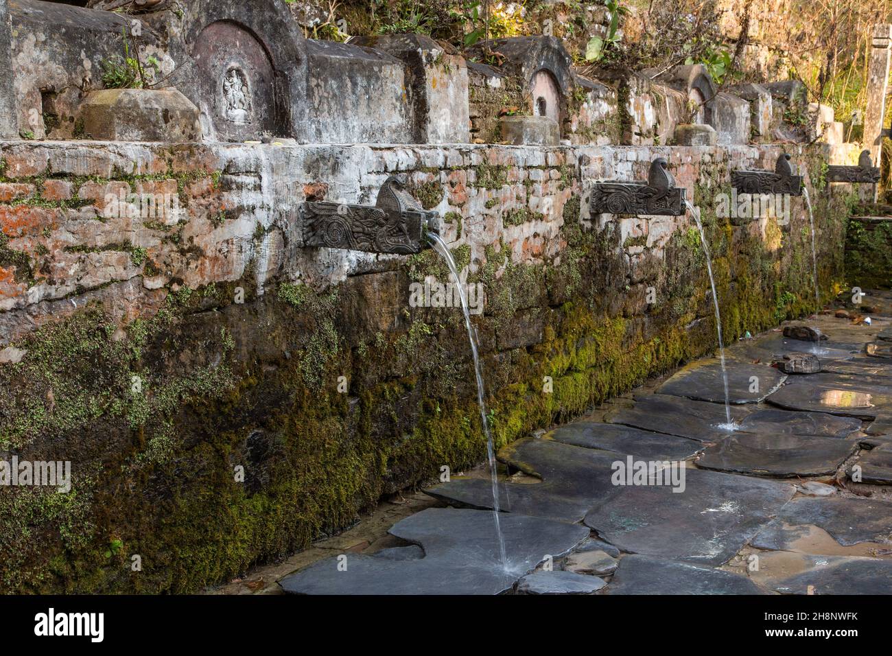 Carved stone dragons spout spring water at the Teendhara fountain in ...