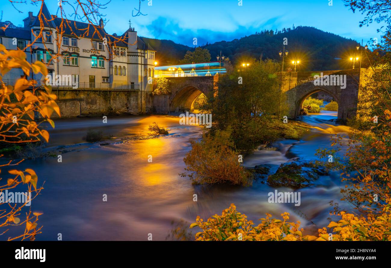 The Royal Hotel, on the River Dee in Llangollen, North Wales. Image ...