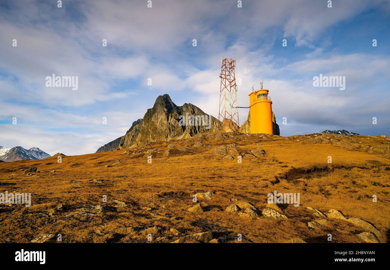 Hvalnes Lighthouse on a coast in the east part of Iceland. Famous place ...