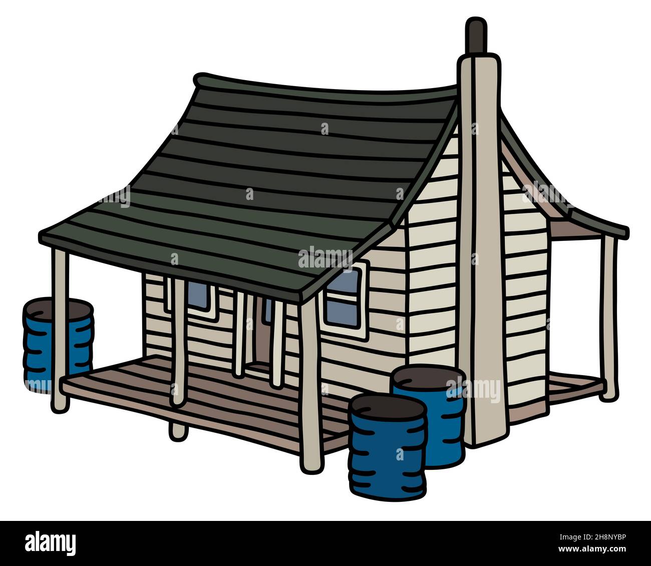 Hand drawing of an old white planked small house Stock Photo - Alamy