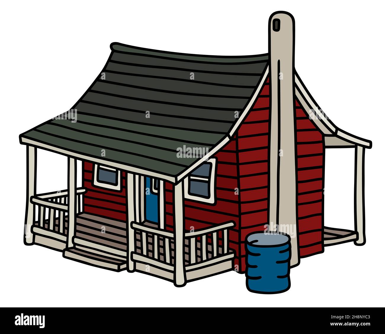 Hand drawing of a classic dark red scandinavian planked house Stock ...