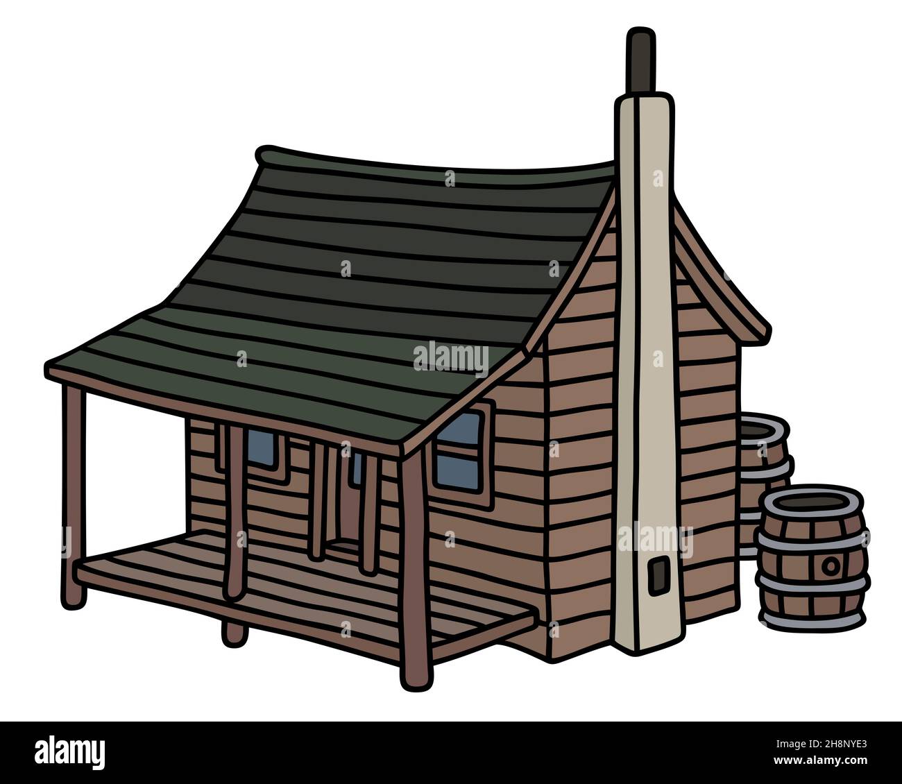 Hand drawing of a funny old planked wiskey distillery shack Stock Photo ...