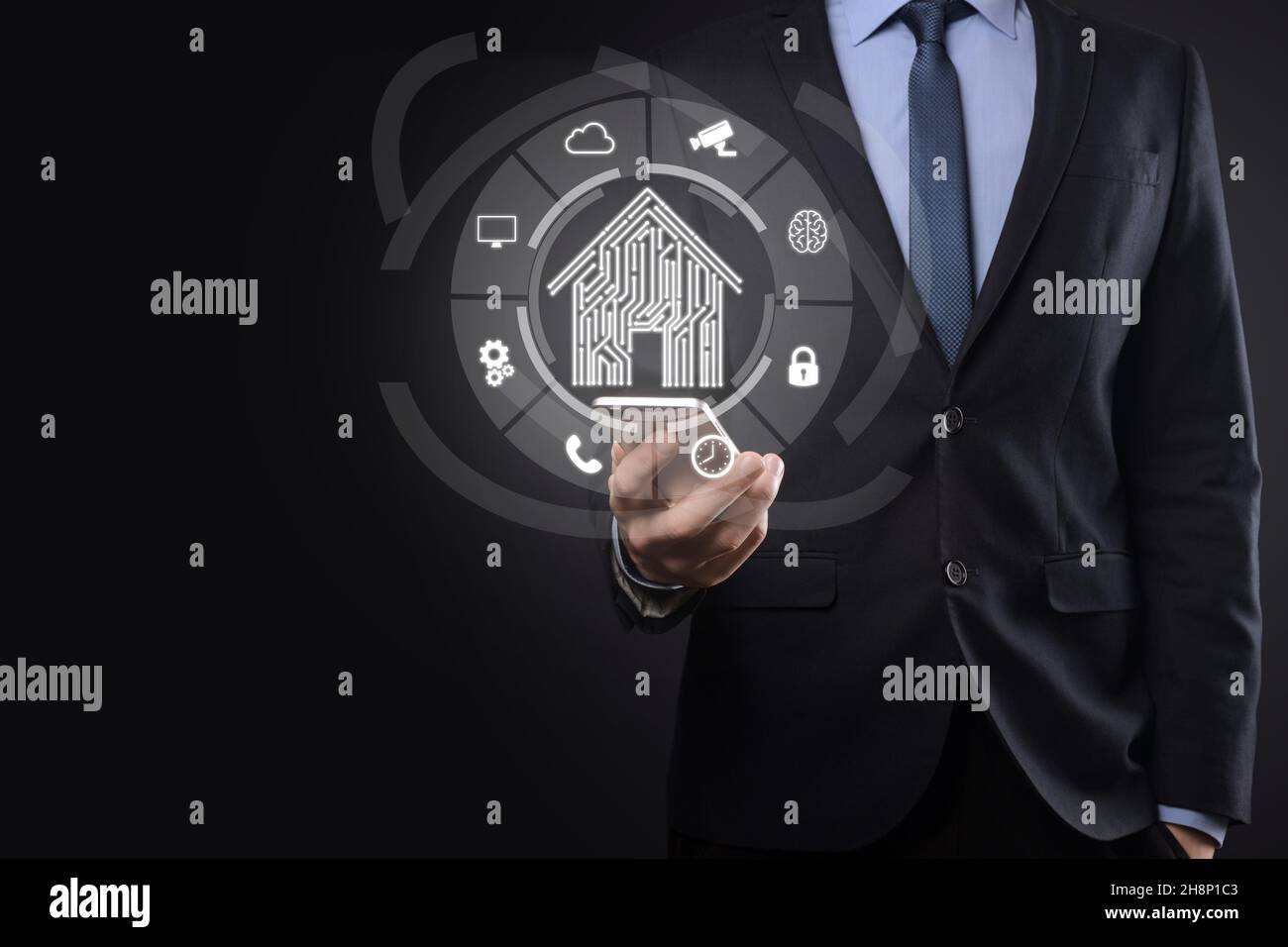 Businessman hold house icon.Smart home controlled, intelligent house ...
