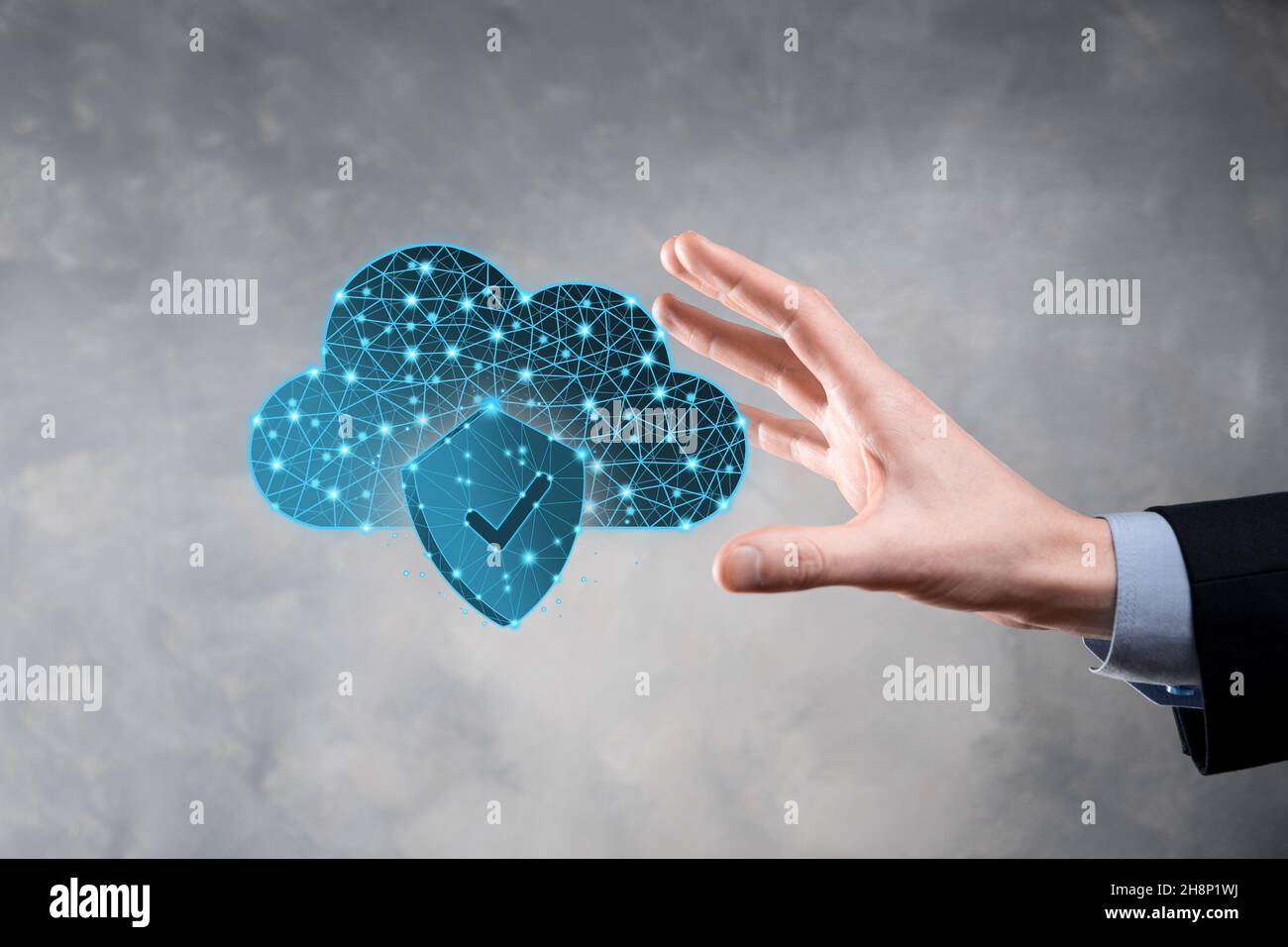 Cloud technology. Polygonal wireframe cloud storage sign with shield ...