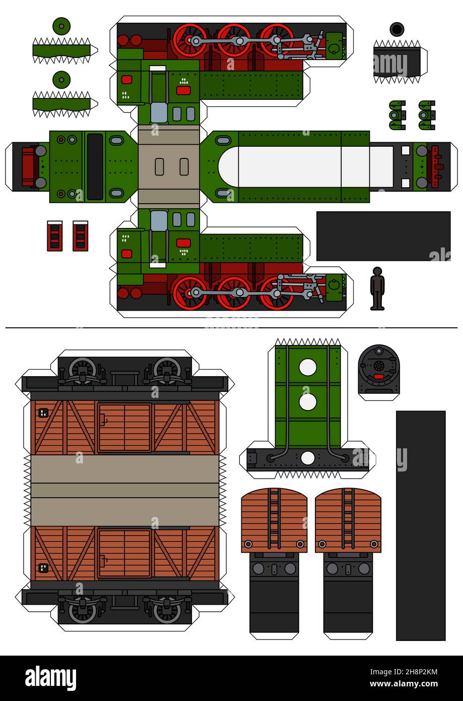 Paper model of a vintage green steam locomotive and a freight wagon ...