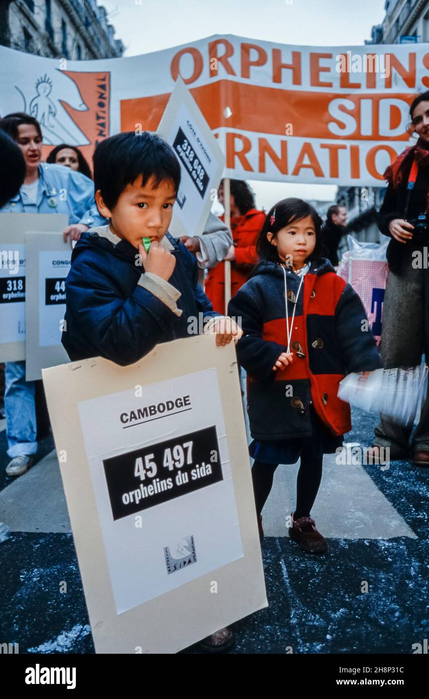 Paris, France, Crowd AIDS Activists Children Carrying Protest Signs ...