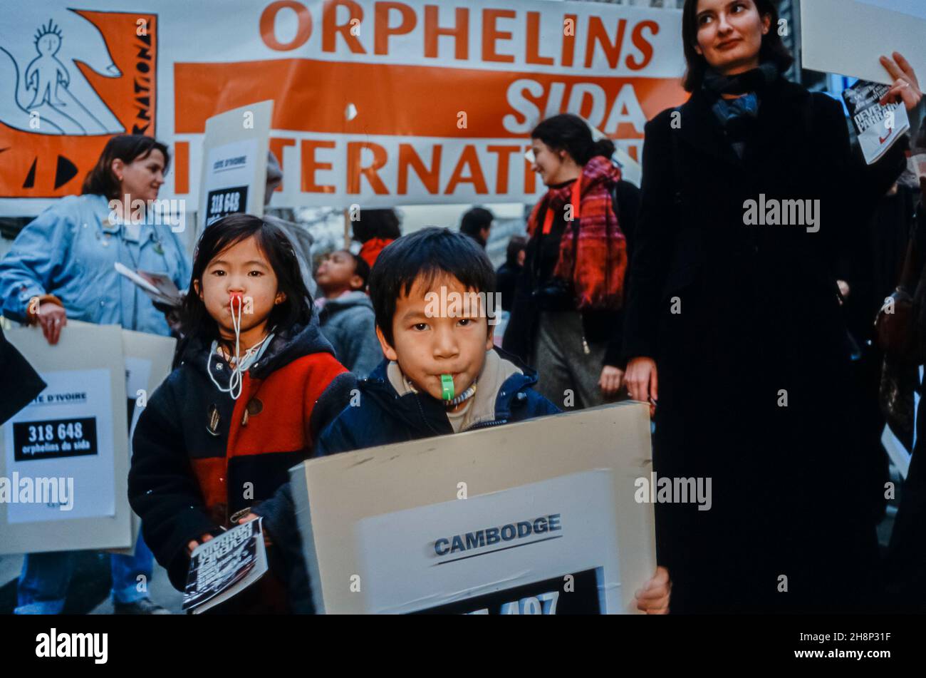 Paris, France, Crowd AIDS Activists Children Carrying Protest Signs ...