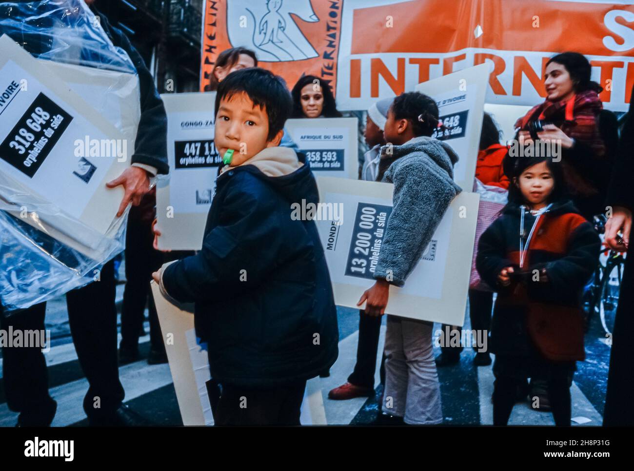 Paris, France, Crowd AIDS Activists Children Carrying Protest Signs ...