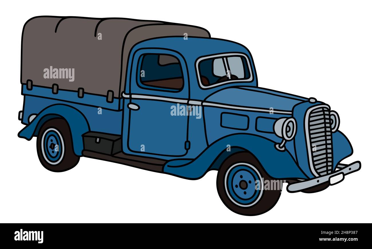 Hand drawing of a classic blue small cowered delivery truck Stock Photo ...