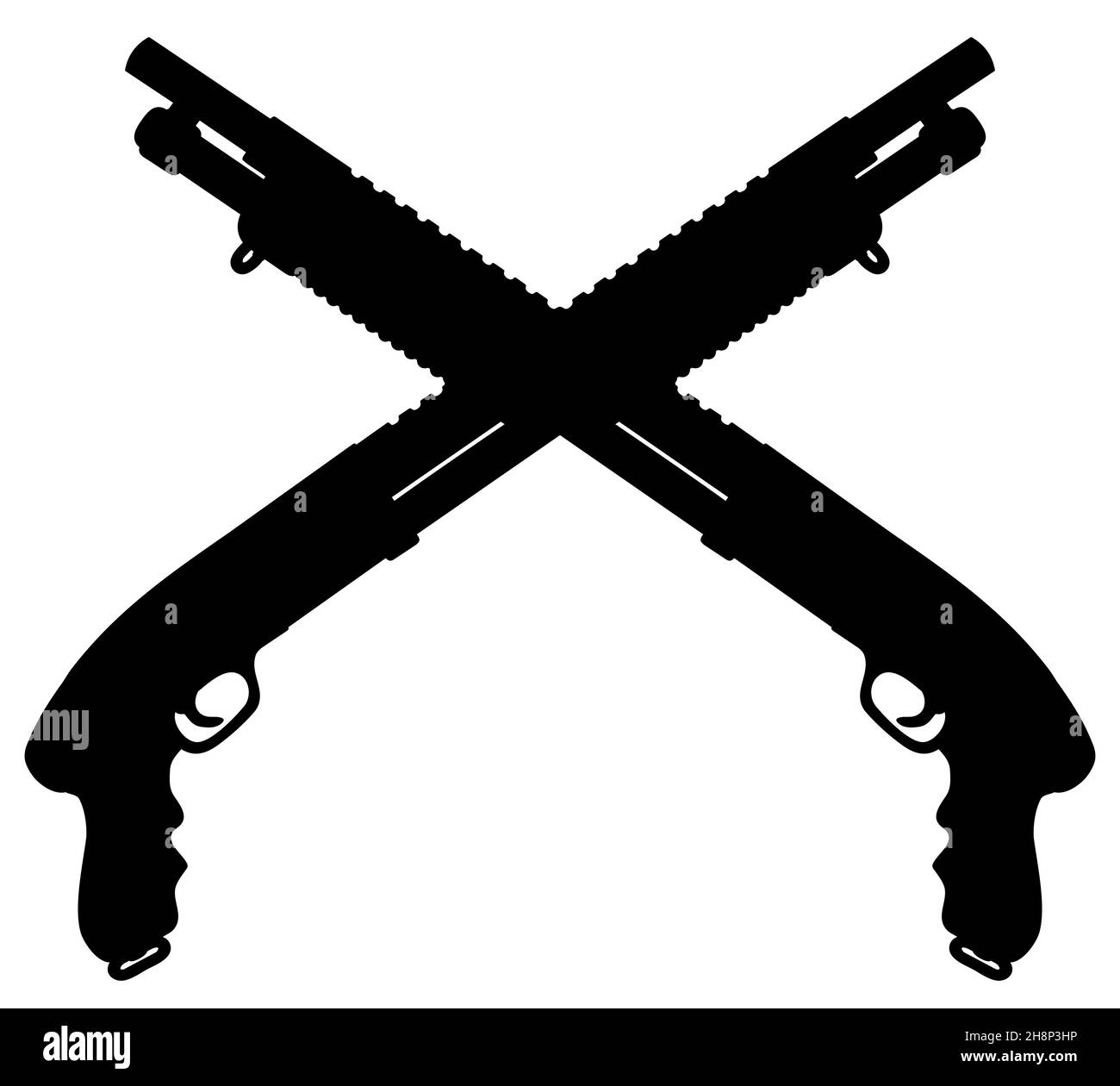 Hand drawing of a black silhouettes of two crossing short pump shotguns ...