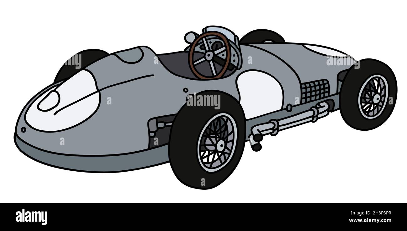 Hand drawing of a vintage silver racing car Stock Photo - Alamy
