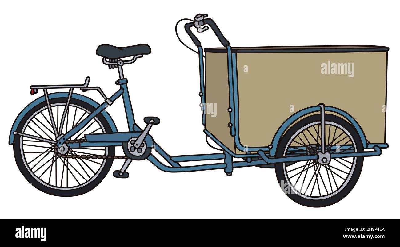 Hand drawing of a classic blue bakery freight pedal tricycle rickshaw ...