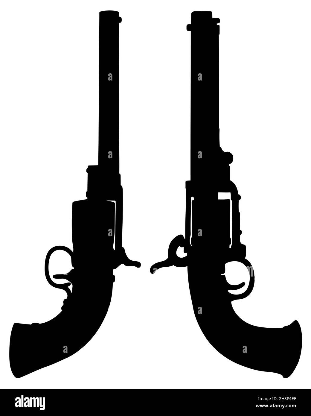 Hand drawing of a black silhouette of two vintage revolvers Stock Photo ...