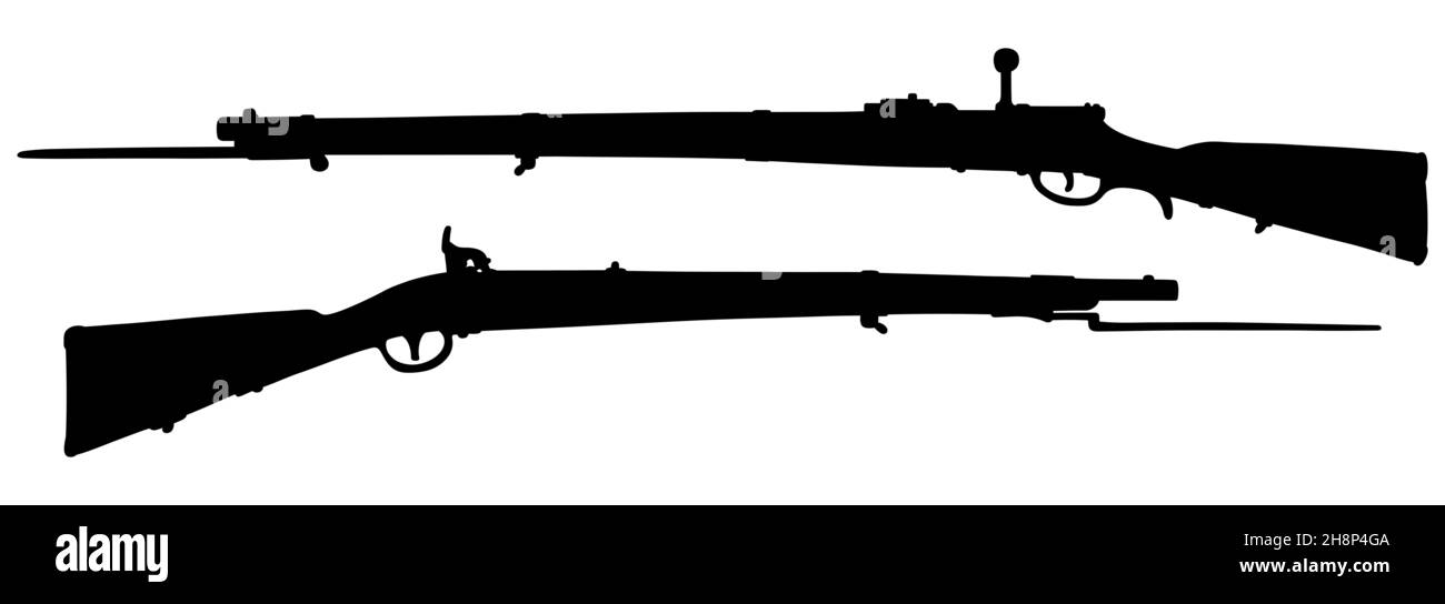 Hand drawing of two black silhouettes of historical military flintlocks ...