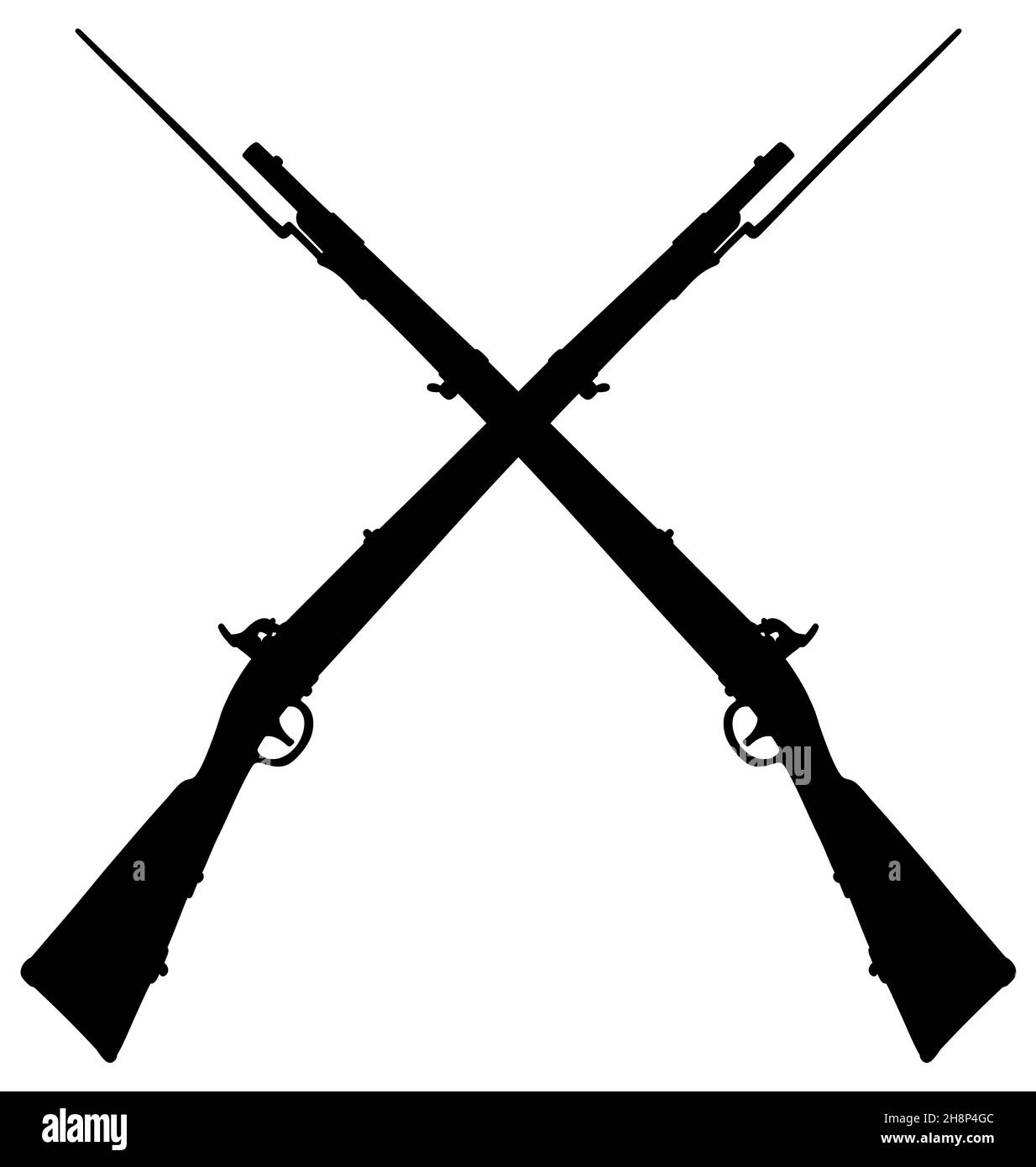 Hand drawing of two black silhouettes of historical military matchlock ...