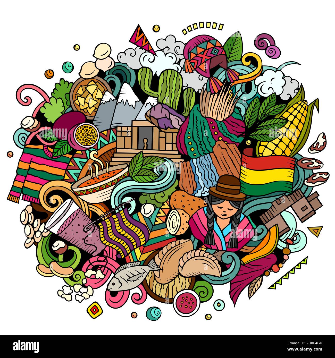 Bolivia hand drawn cartoon doodles illustration. Funny travel design. Creative Bolivian vector ...
