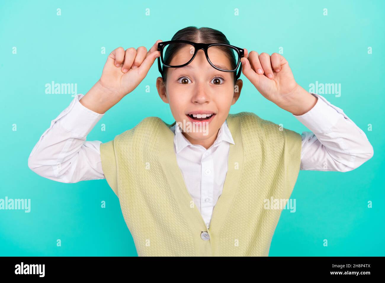 Photo of amazed small lady take off eyewear sale reaction wear green ...