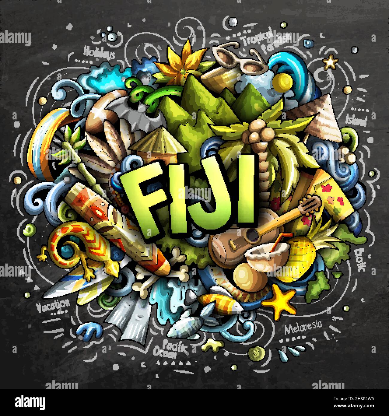 Fiji hand drawn cartoon doodles illustration. Funny travel design Stock ...