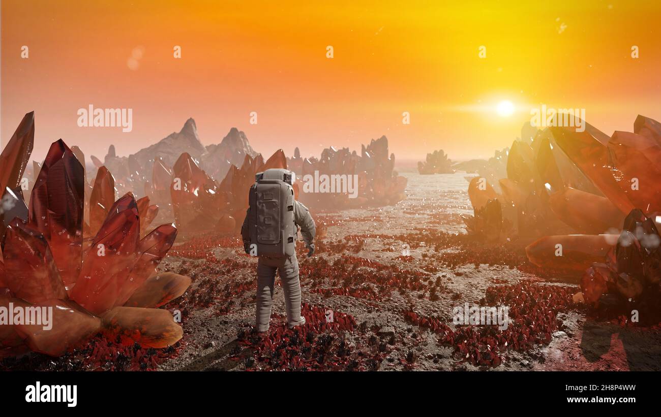 astronaut on alien planet, beautiful exoplanet landscape with giant ...