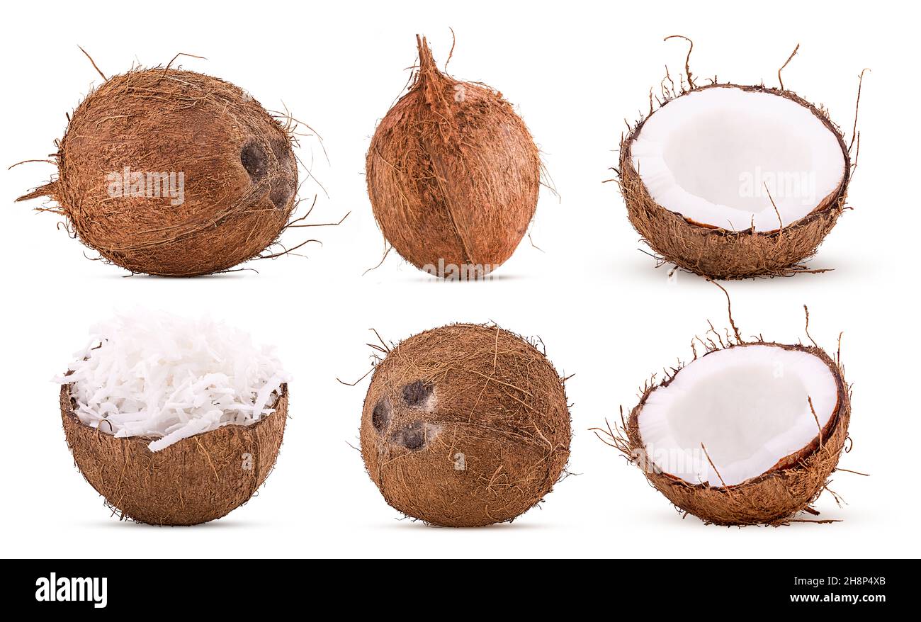 Set coconuts whole, cut in half, grated coconut in shell isolated on ...
