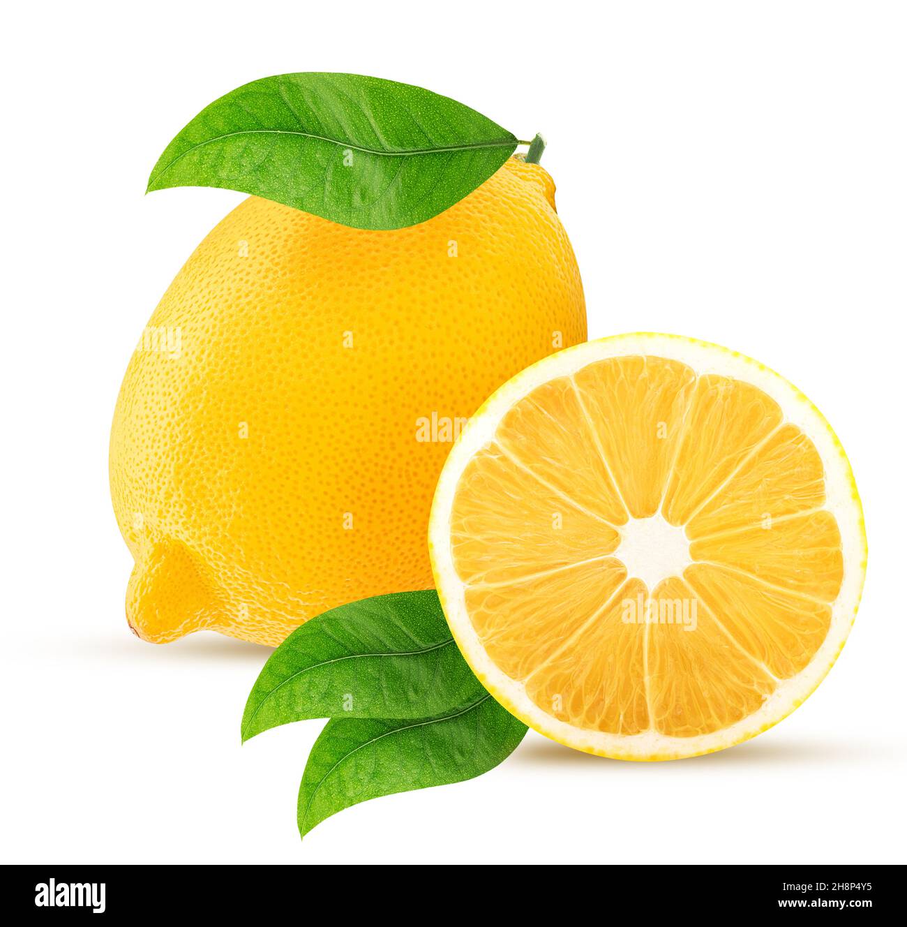 Fresh lemon one cut in half, with leaf isolated on white background ...
