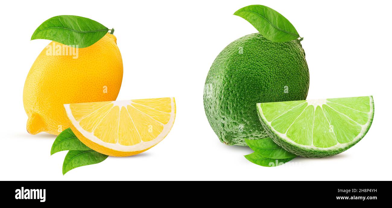 Fresh lime, lemon with leaf and slice isolated on white background ...