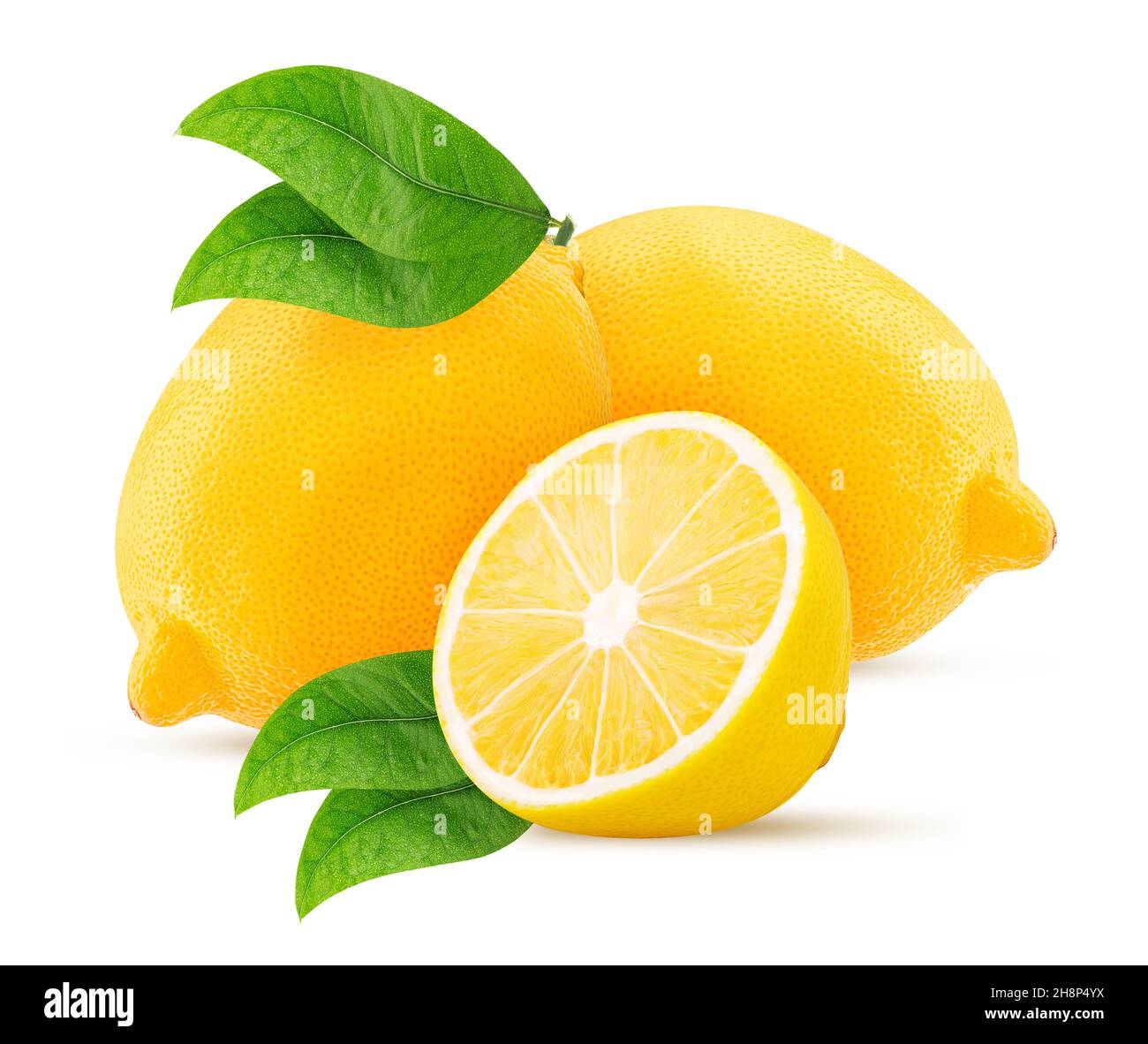 Two fresh lemon one cut in half, with leaf isolated on white background ...