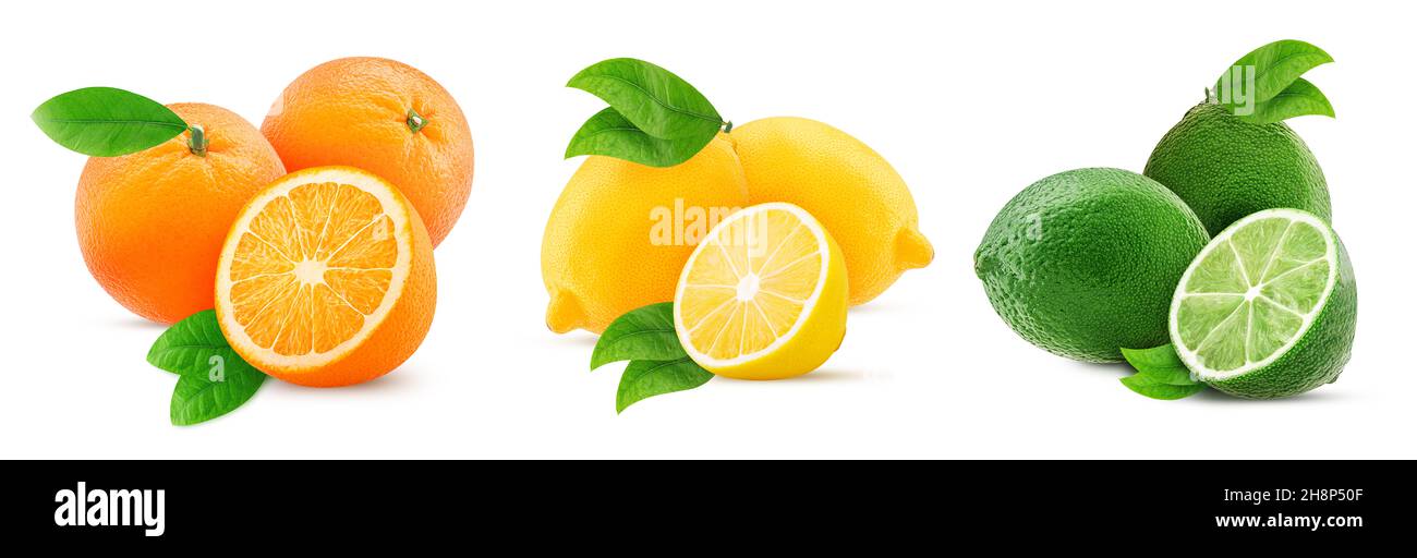 Two fresh orange, lemon, lime one cut in half, with leaf isolated on ...