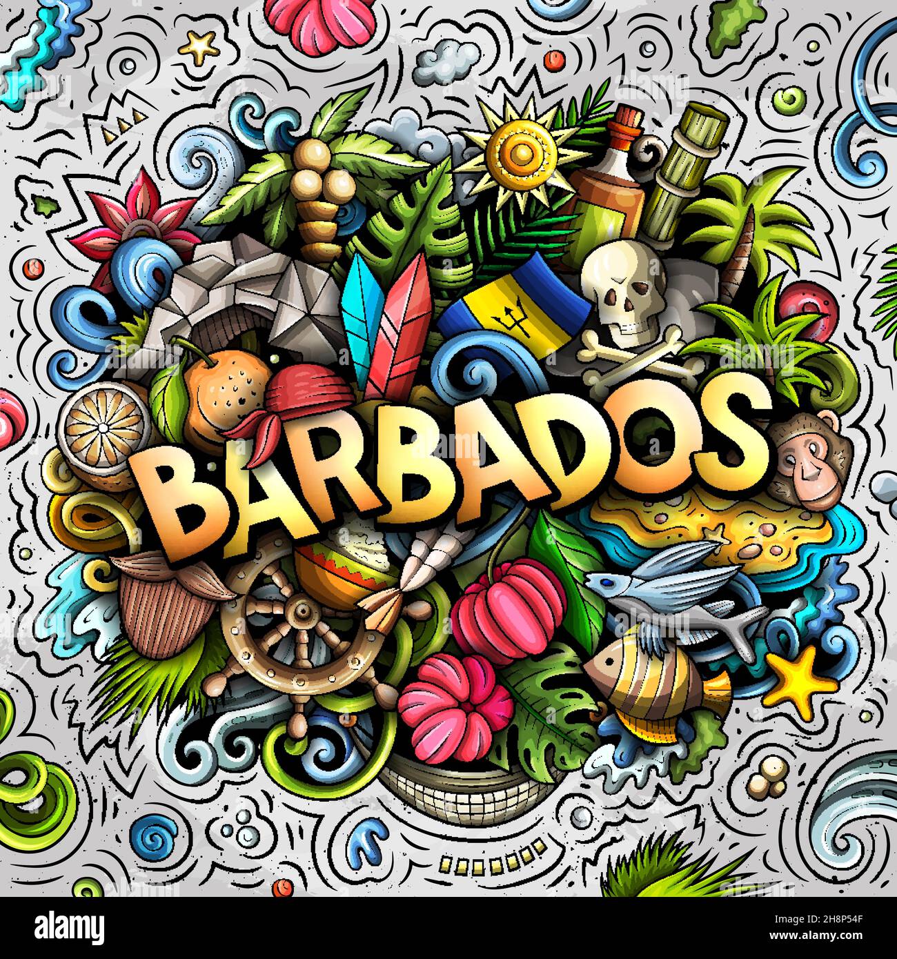 Barbados hand drawn cartoon doodle illustration. Funny local design ...