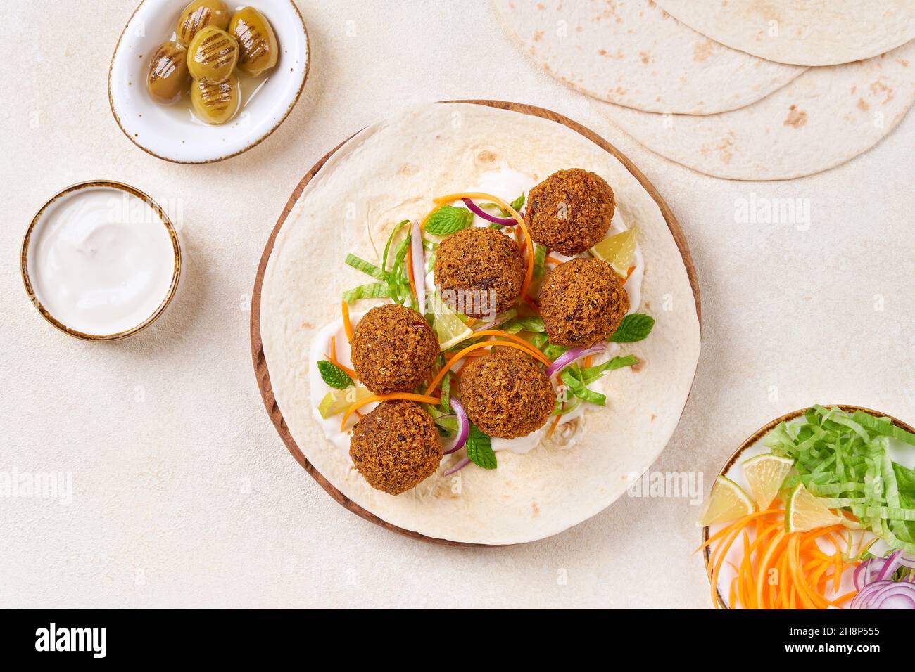 Chickpeas falafel prepare to make wrap sandwich. Top view Stock Photo ...