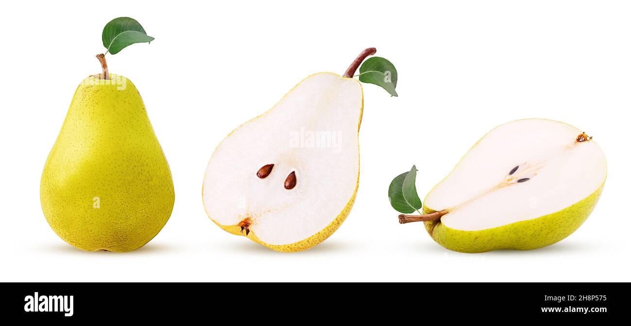 Fresh yellow pears whole and cut in half with leaf isolated on white ...