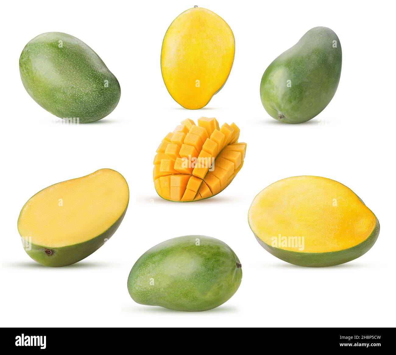 Collection mango exotic friut, whole, cut in half, cubes isolated on ...