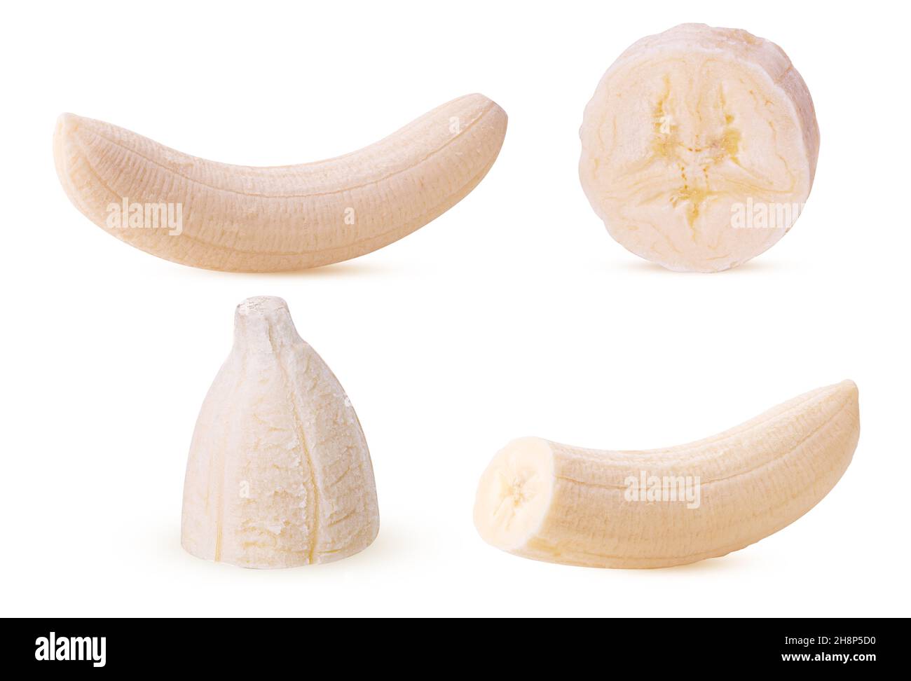 Peeled banan whole, slice, cut in half isolated on white background ...