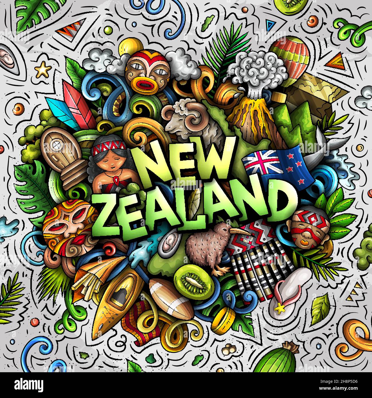 New Zealand hand drawn cartoon doodle illustration. Funny local design ...