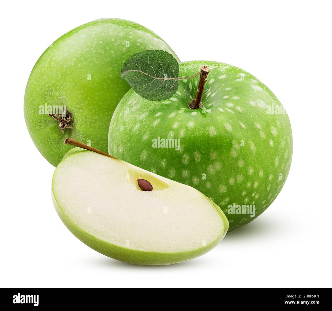 Two green apple with leaf and slice isolated on white background ...