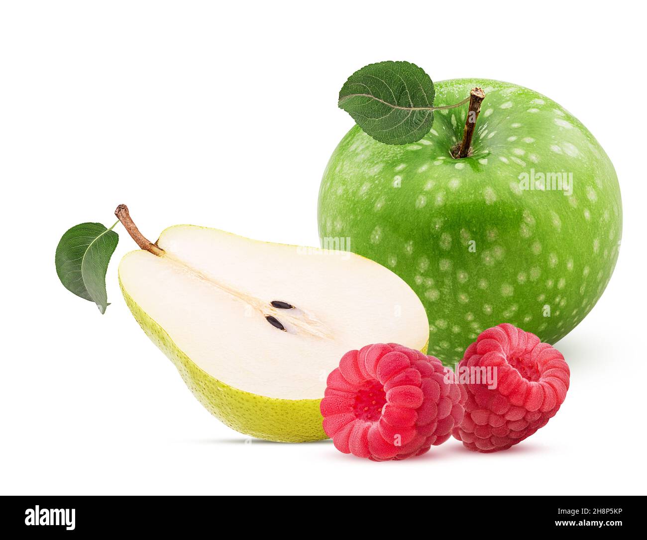 Fresh fruits. Green apple, pear, raspberry with leaf isolated on white ...
