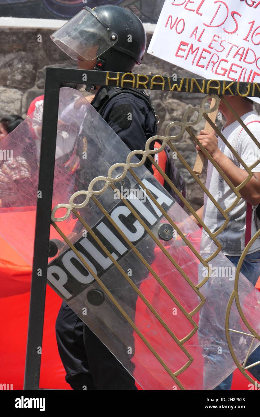 Peru riot police with shields in street at Carnival Cusco Stock Photo ...