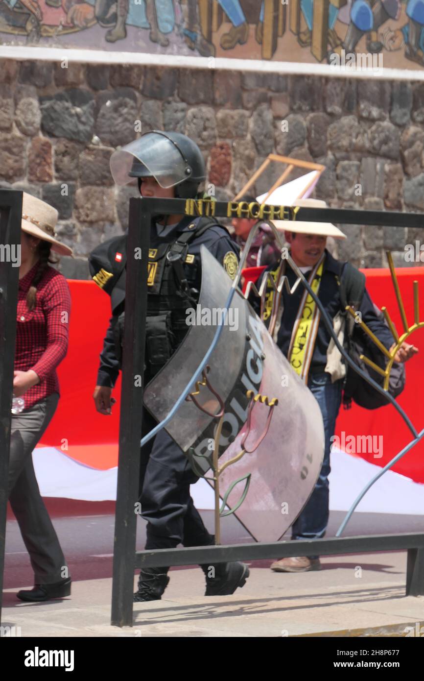 Peru riot police with shields in street at Carnival Cusco Stock Photo ...