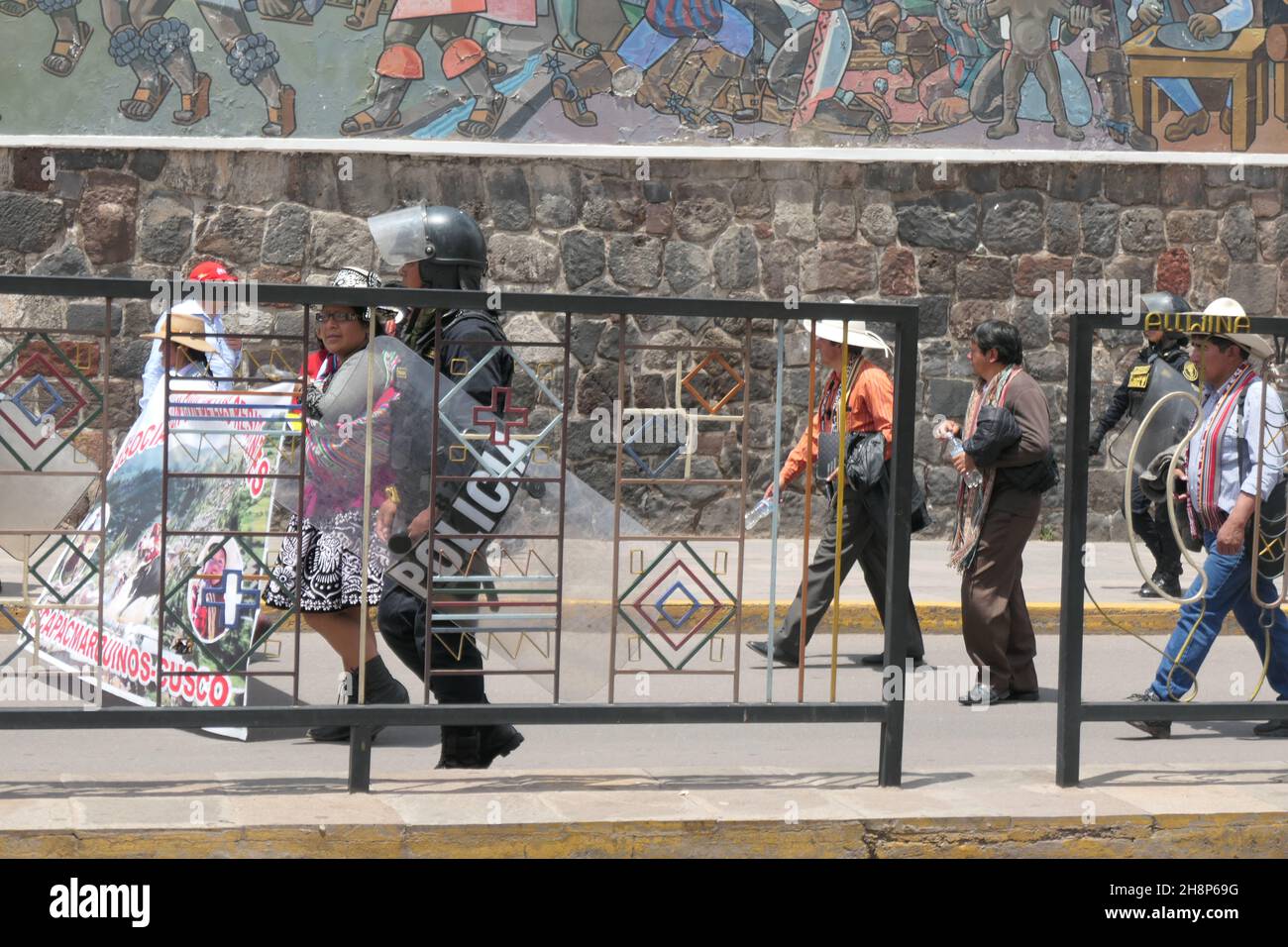 Peru riot police with shields in street at Carnival Cusco Stock Photo ...