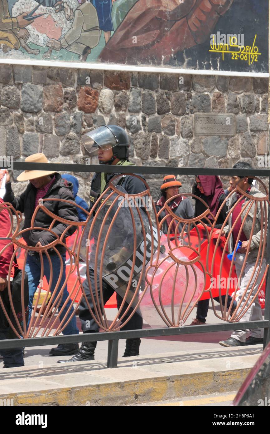 Peru riot police with shields in street at Carnival Cusco riot gun guns ...