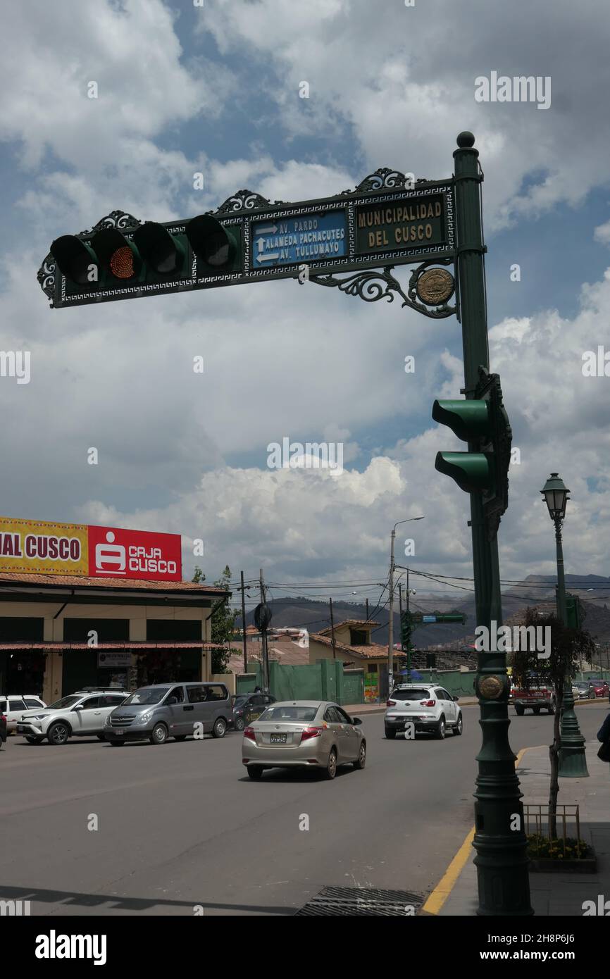 Traffic lights in Cusco Peru car cars sign signs signal clouds clouds ...