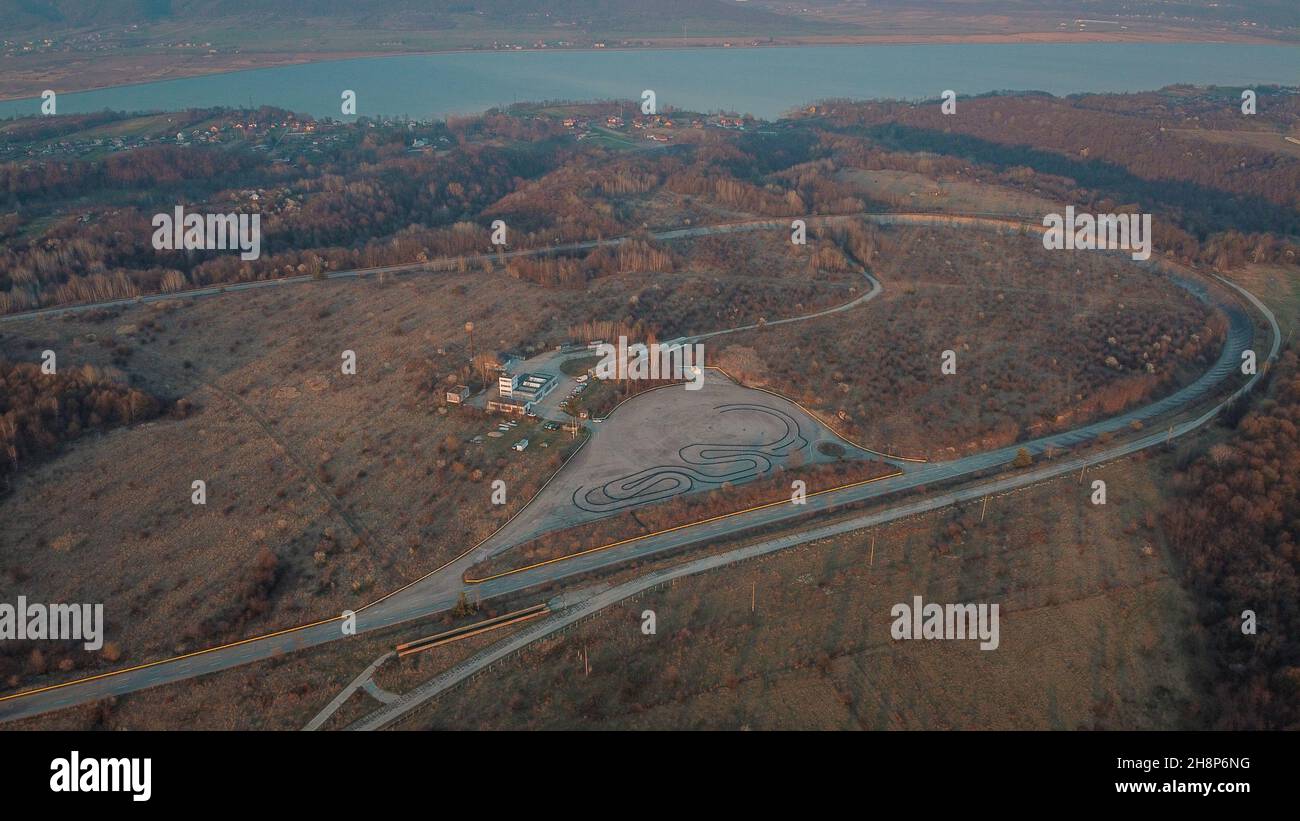Aerial view of the car track in Valcelele village, Arges county in ...