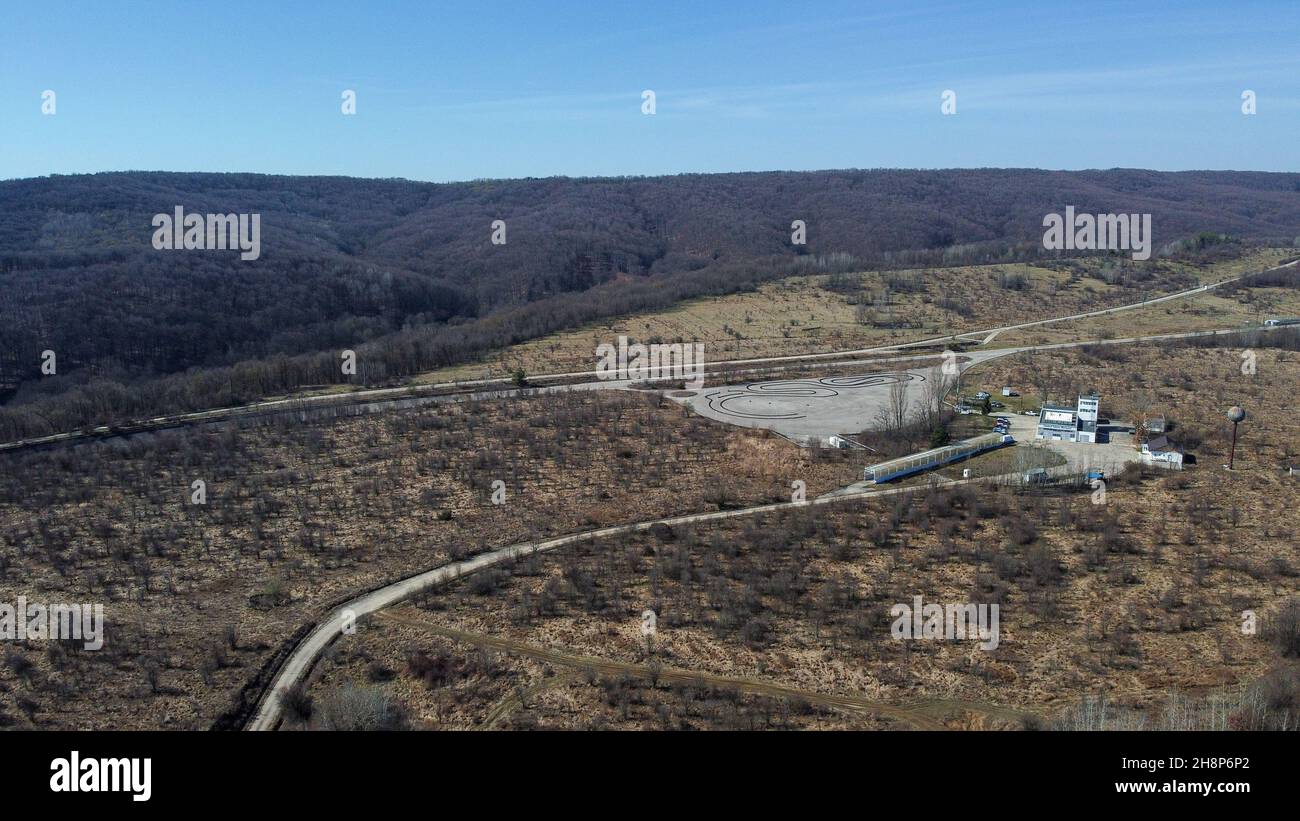 Aerial view of the car track in Valcelele village, Arges county in ...