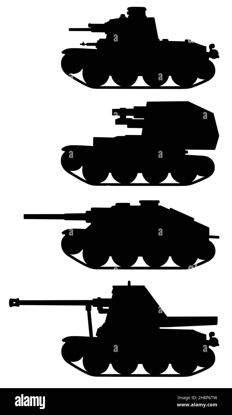 Hand drawing of four black silhouettes of vintage armored tracked ...