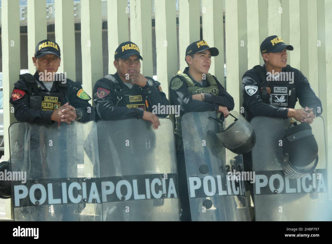 Peru riot police Capital shields in street at Carnival Cusco shield ...